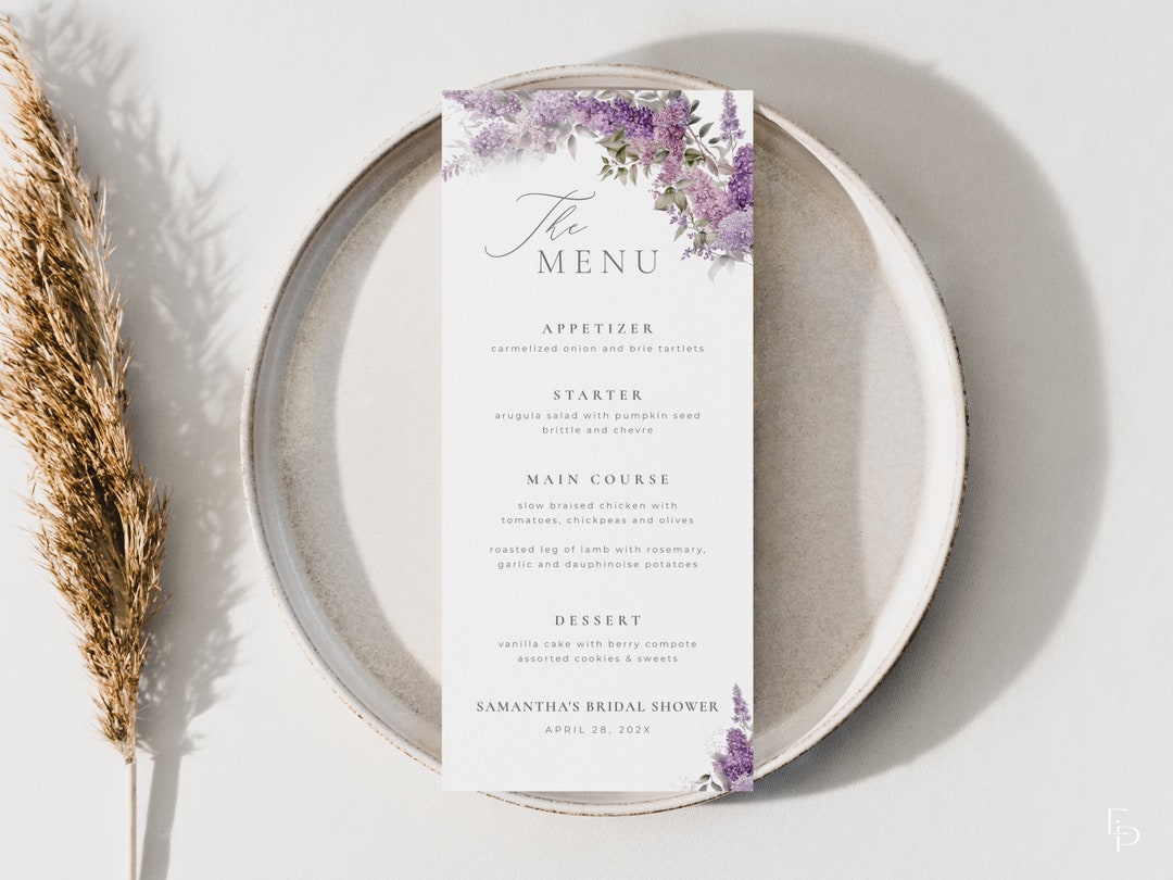 Lilac Bridal Shower Menu Template for Purple Floral 4x9 Menu | SUREN ...