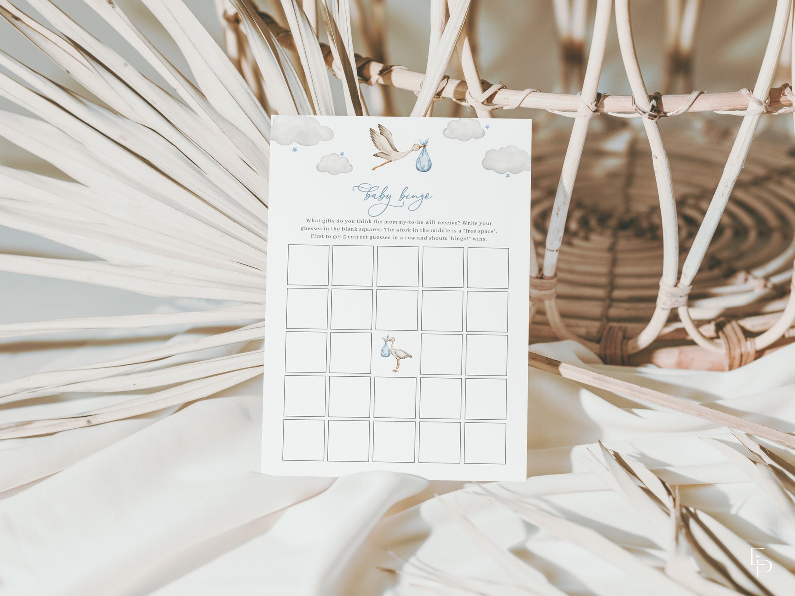 Blue Stork Baby Shower Bingo Game Template for Baby Boy Stork Special ...