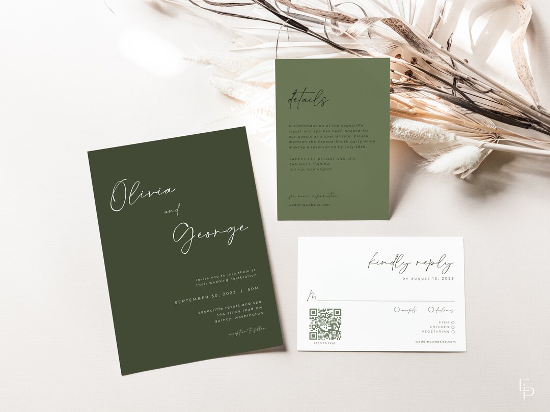 Modern Olive Green Wedding Invitation Suite Template With Printable 5x7 ...