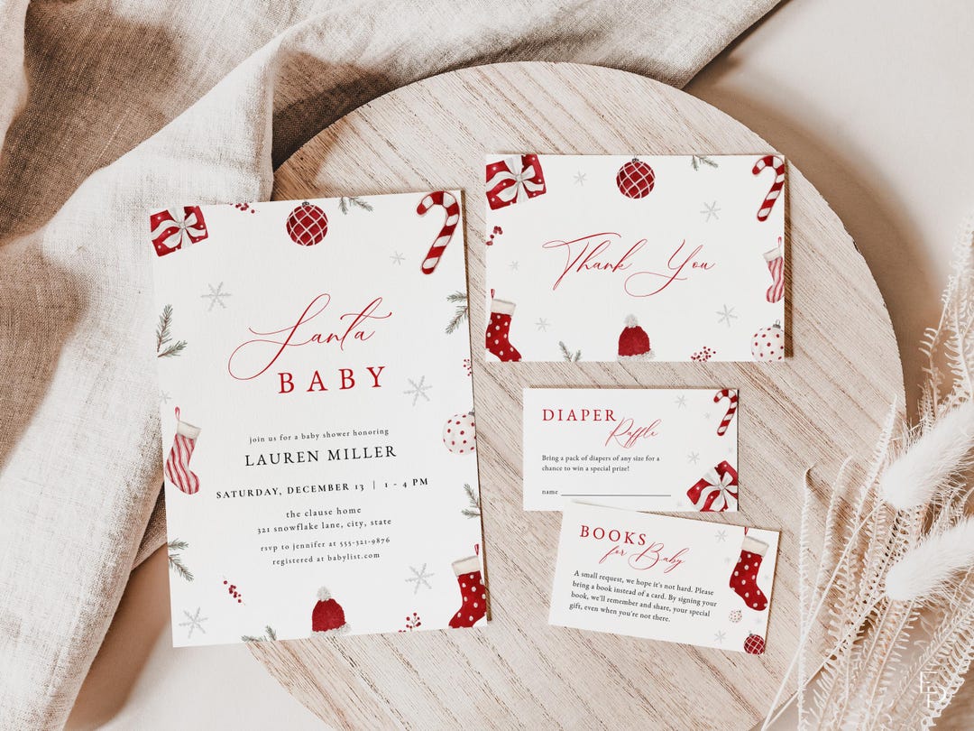 Santa Baby Shower Invitation Bundle Template for Red Winter Christmas ...