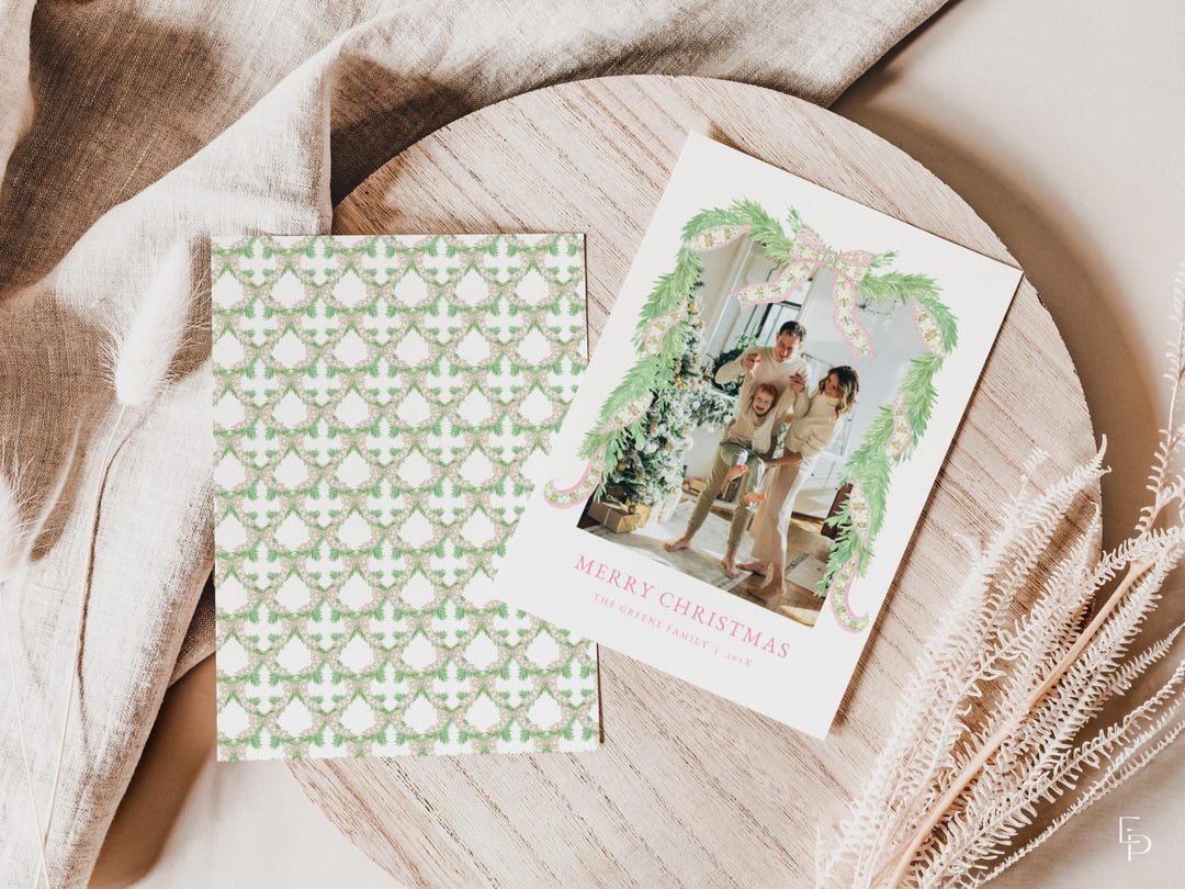 Grandmillenial Christmas Card Template for Floral Pink Chinoiserie Bow Garland Christmas Holiday ...