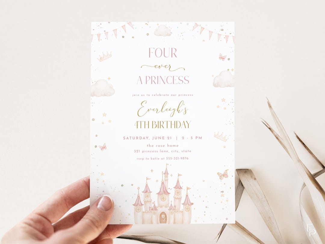 Princess 4th Birthday Invitation Template Girl Pink Magical Princess ...