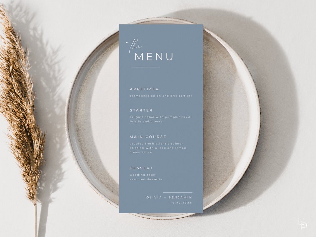 Modern Minimalist Dusty Blue Menu Template for Weddings | NILA ...