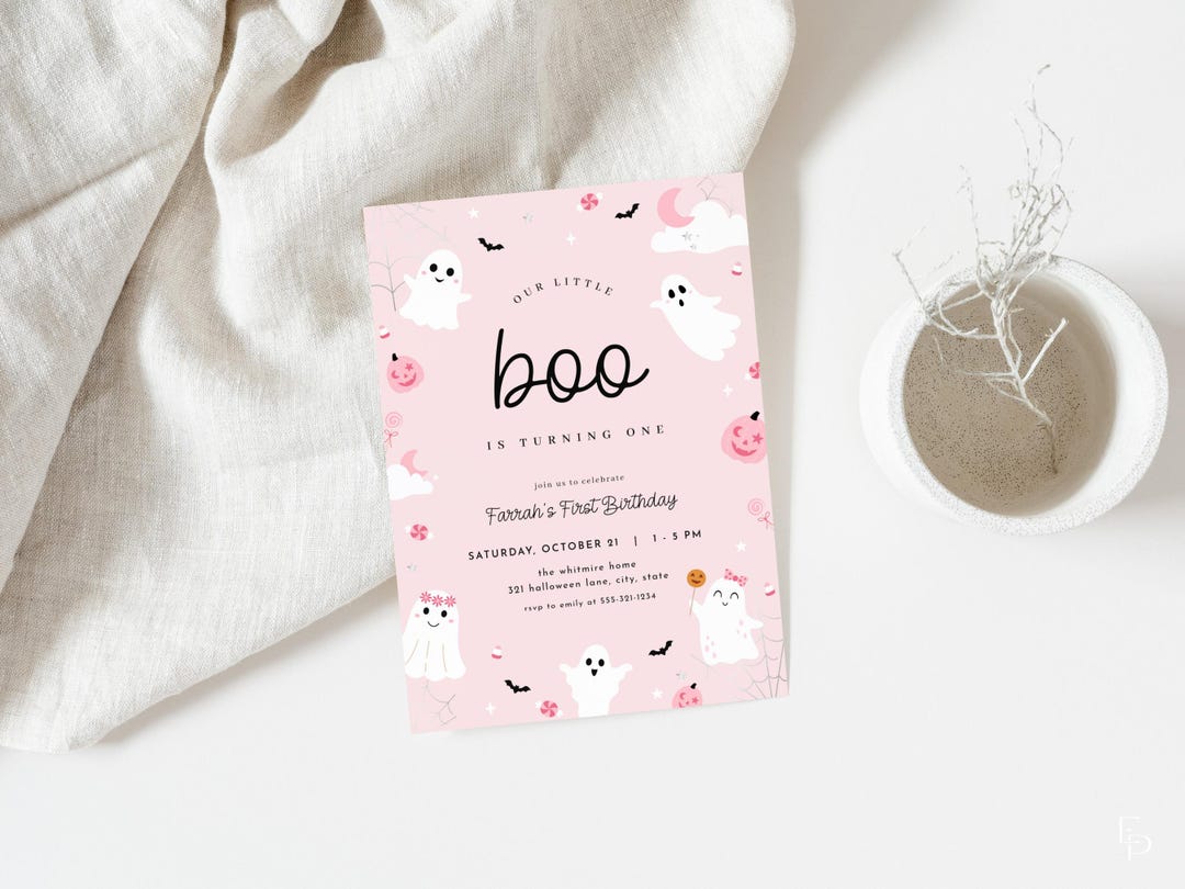 Pink Little Boo is Turning One First Birthday Party Invitation Template ...