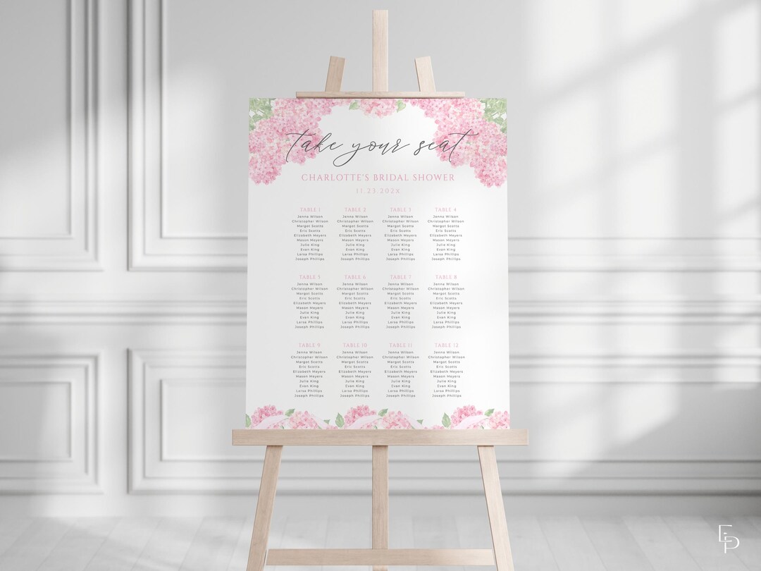 Pink Hydrangea Garden Party Bridal Shower Seating Chart Sign Template ...