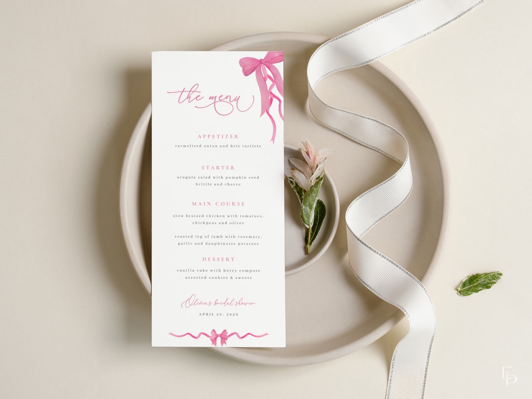 Pink Bow Bridal Shower Menu Template for Girly Bridal Shower 4x9 Menu ...