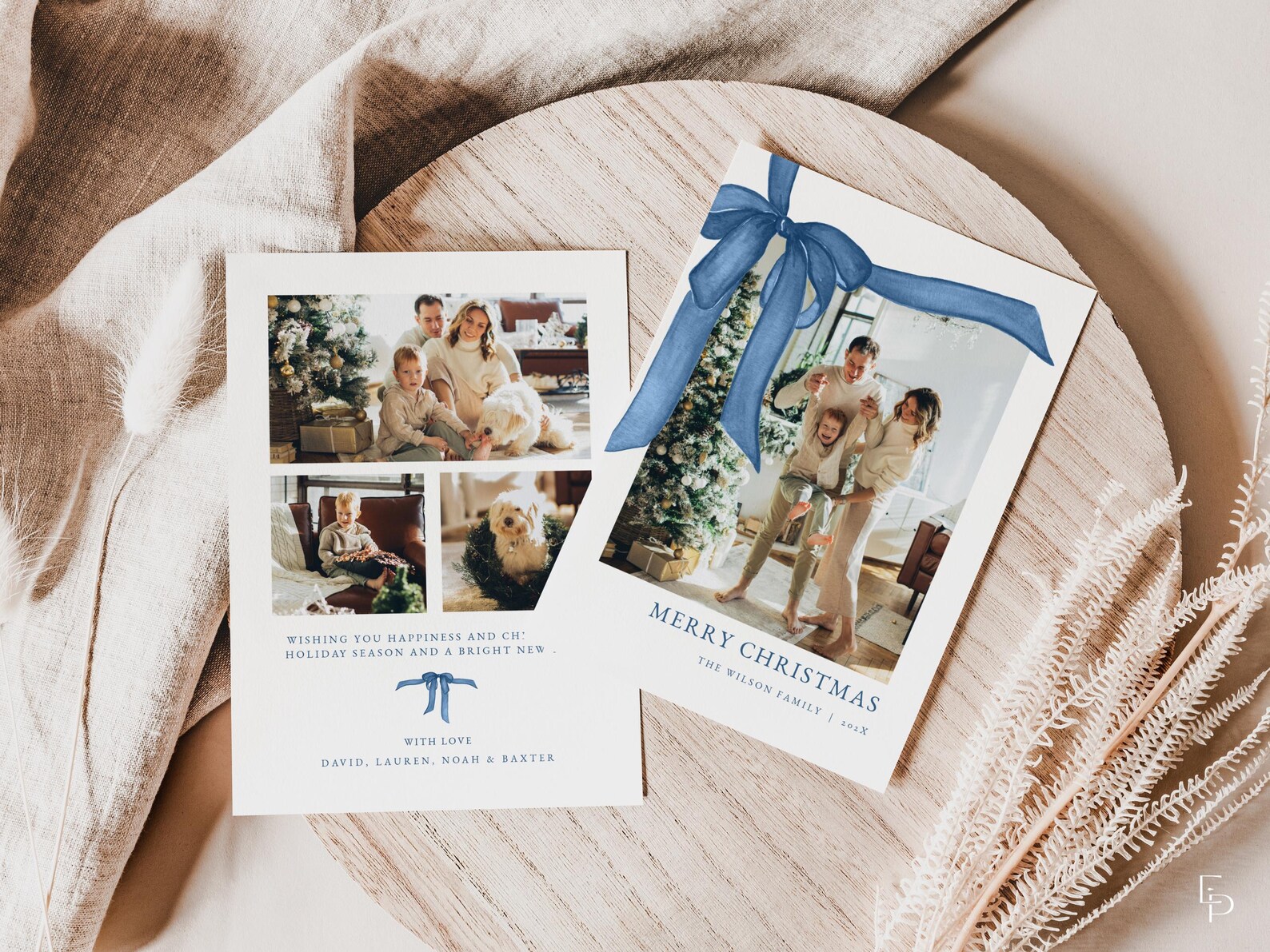 Blue Bow Christmas Card Template for Velvet Blue Coquette Bow Garland ...
