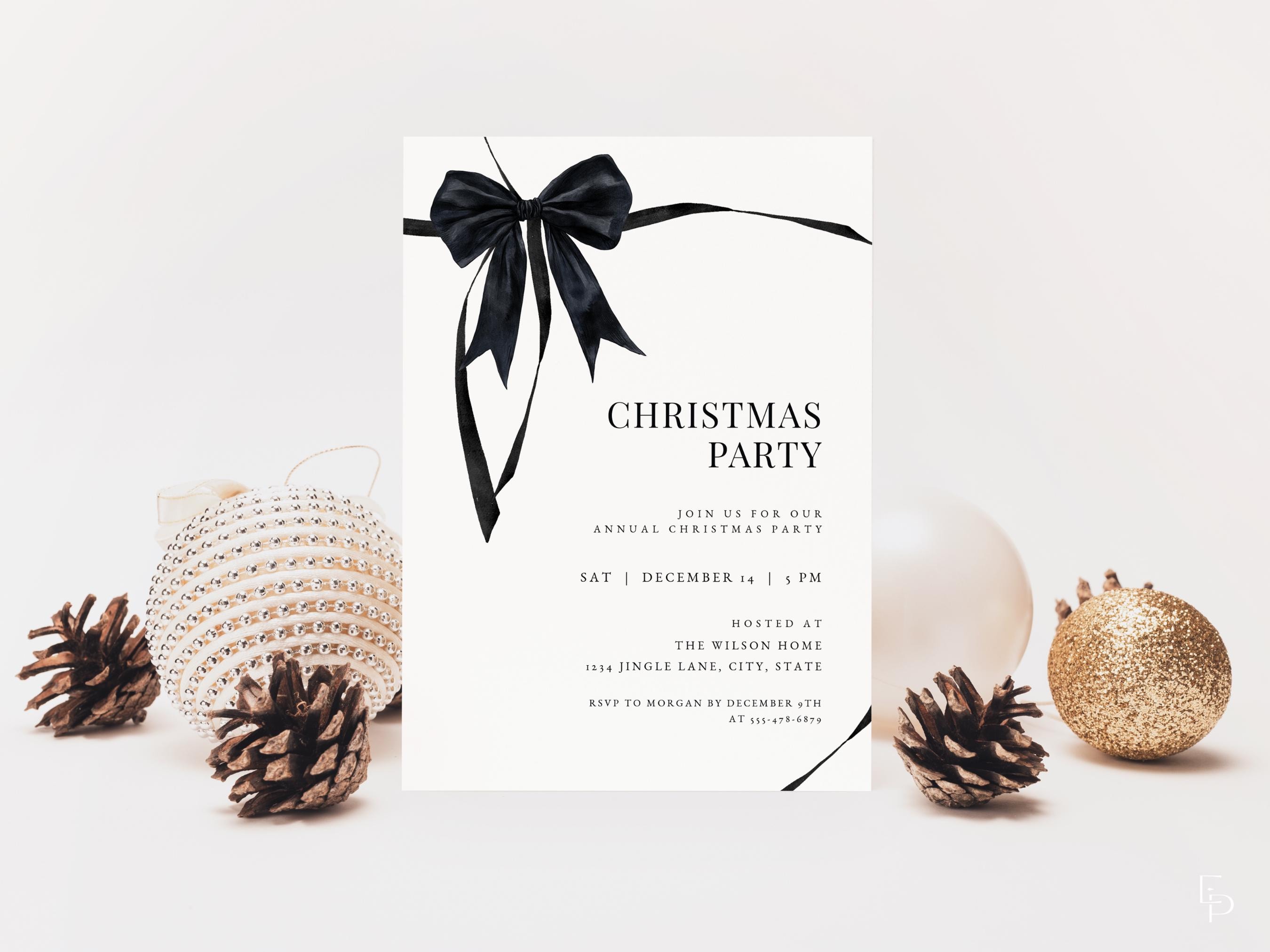 Black Bow Christmas Party Invitation Template for Editable Black ...