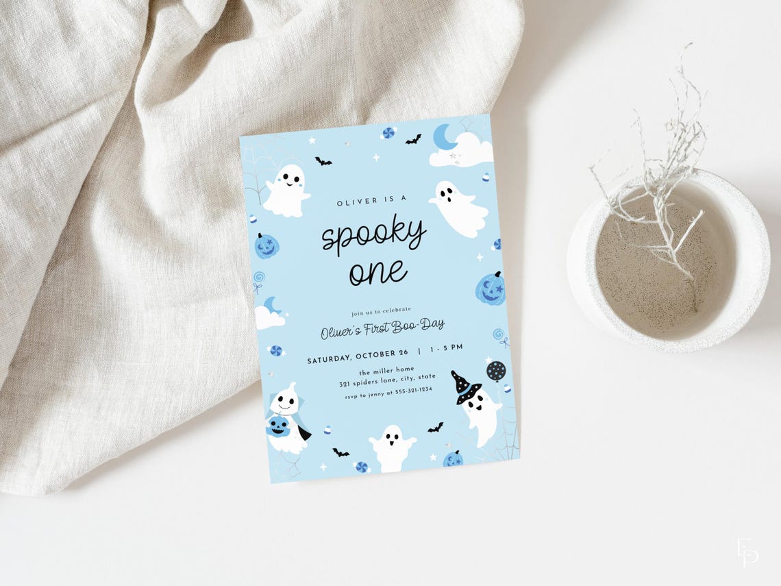 Blue Spooky One First Birthday Party Invitation Template for Boy ...