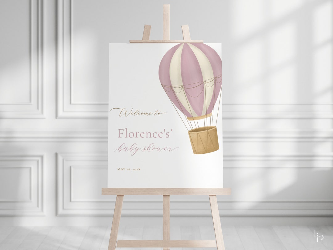 Pink Hot Air Balloon Baby Shower Welcome Sign Template for Classic Girl ...