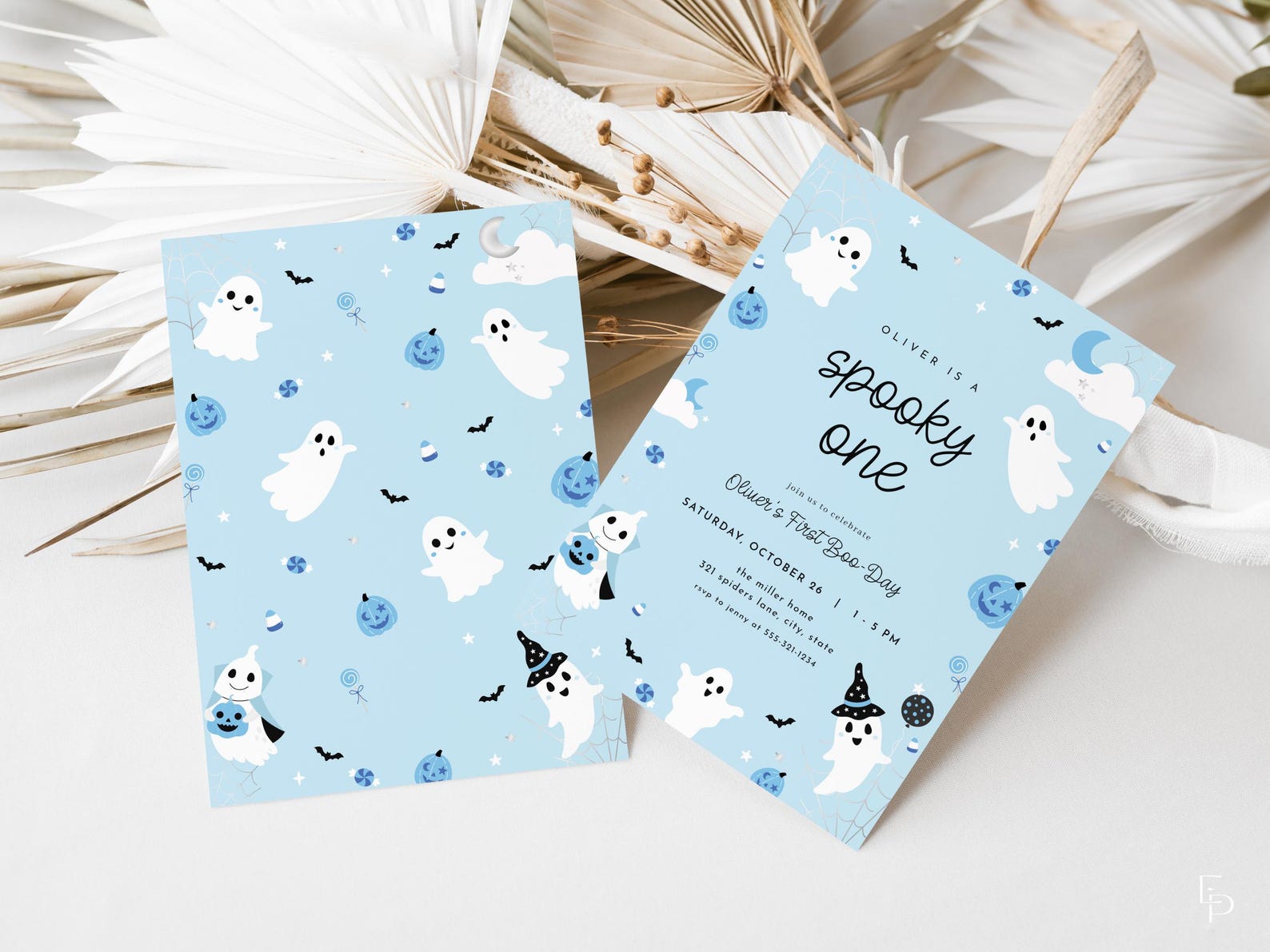 Blue Spooky One First Birthday Party Invitation Template for Boy ...