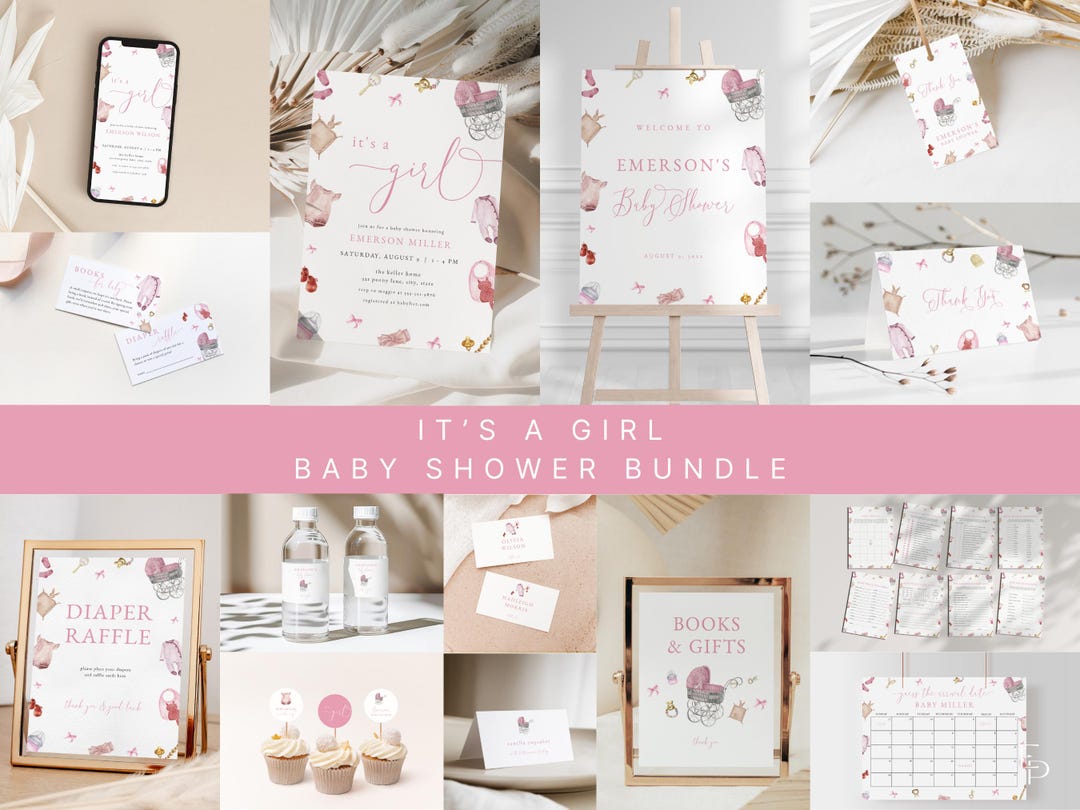 Pink It's a Girl Baby Shower Invitation Bundle Template : Invite, Signs ...