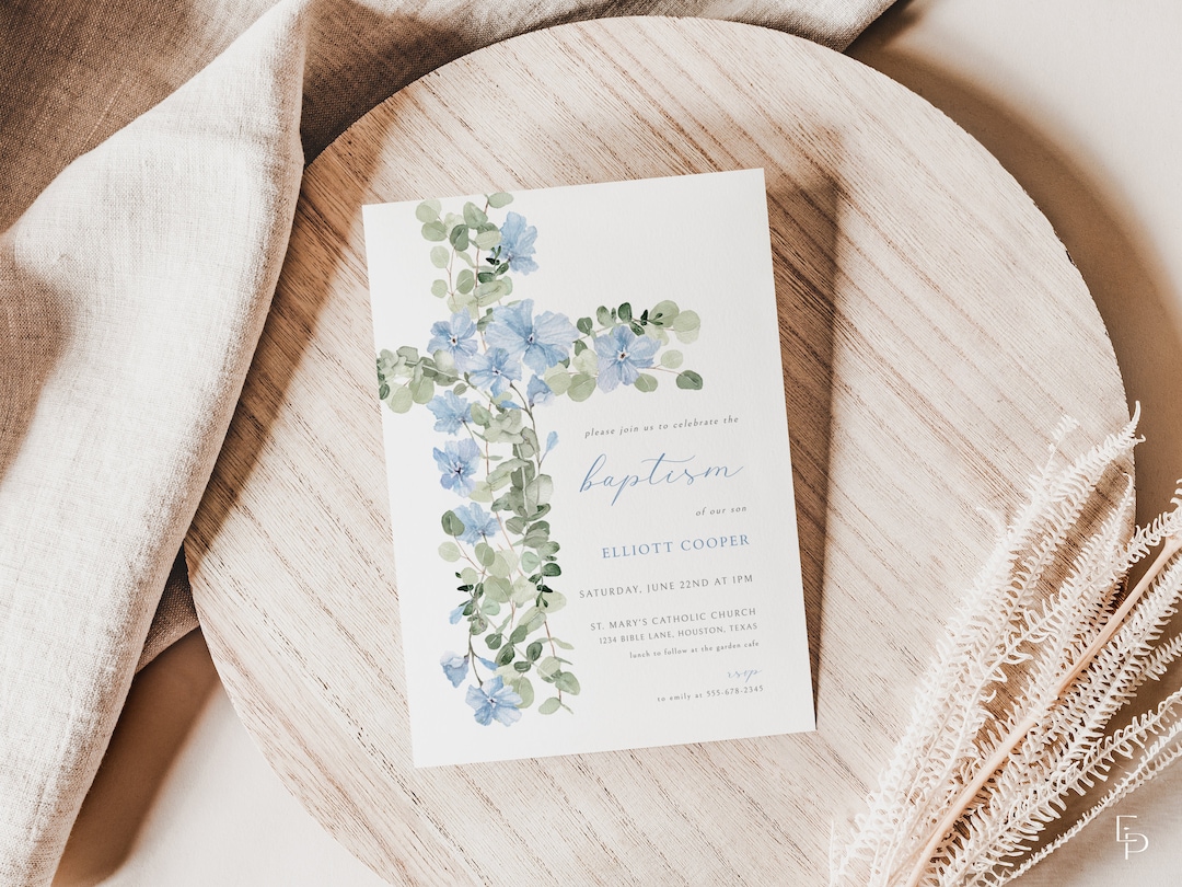 Blue Floral Cross Baptism Invitation Template Editable Spring Blue ...