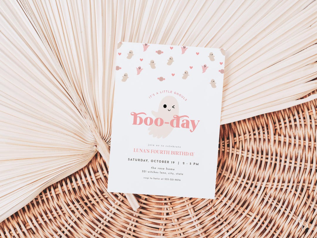 Pink Halloween Birthday Party Invitation Template for Cute Girl Boo Day ...
