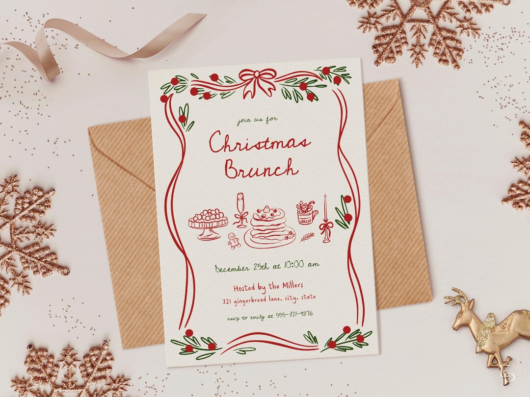 Whimsical Christmas Brunch Invitation Template for Red and Green Hand ...