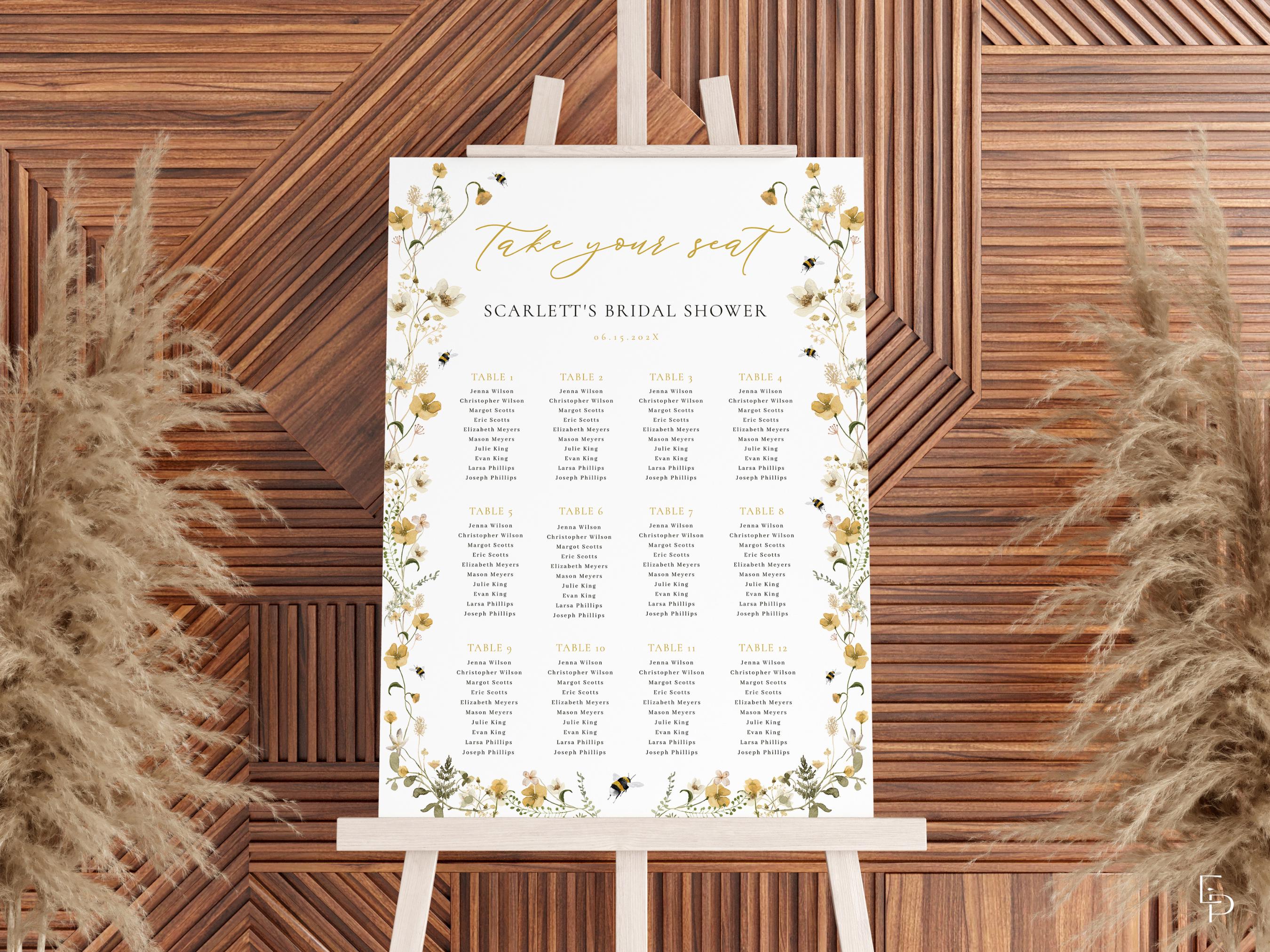 Bride to Bee Bridal Shower Seating Chart Sign Template for Yellow ...
