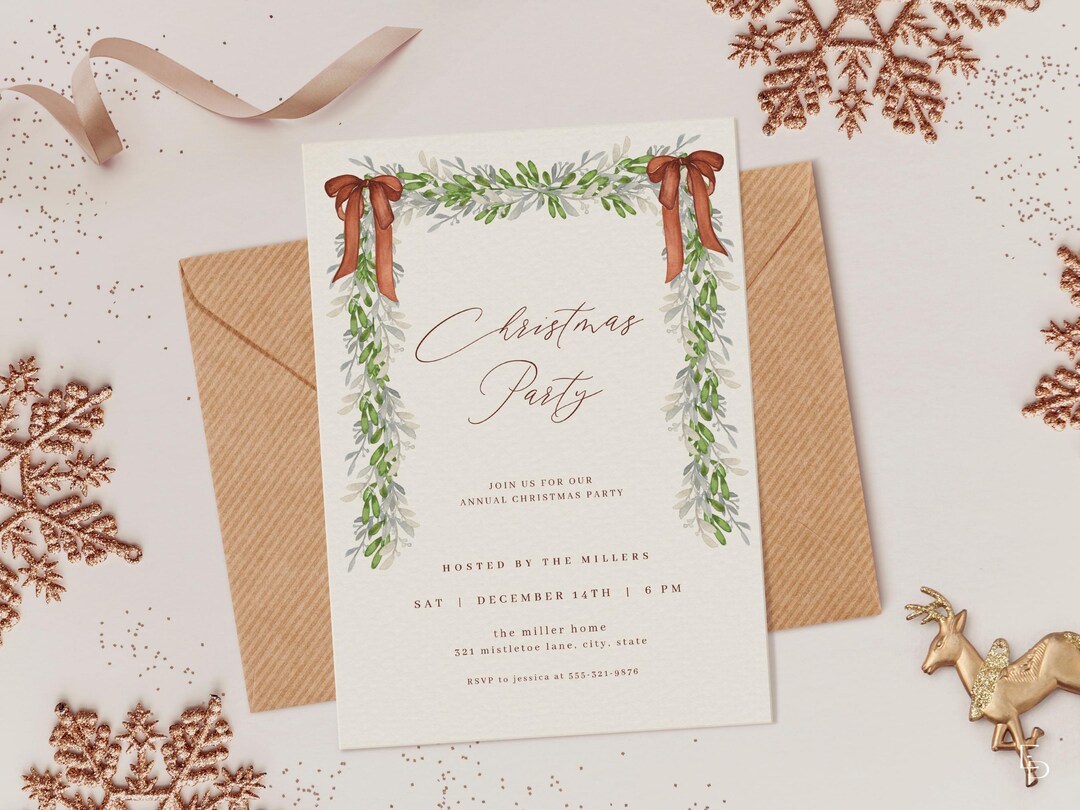 Copper Bow Garland Christmas Party Invitation Template for Editable ...