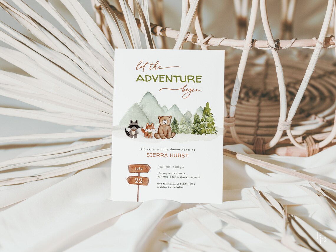 Woodland Nature Let the Adventure Begin Baby Shower Invitation Template ...