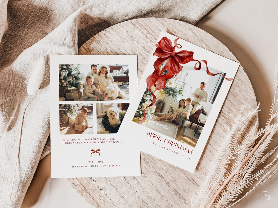Red Bow Christmas Card Template for Editable Classic Coquette Christmas ...