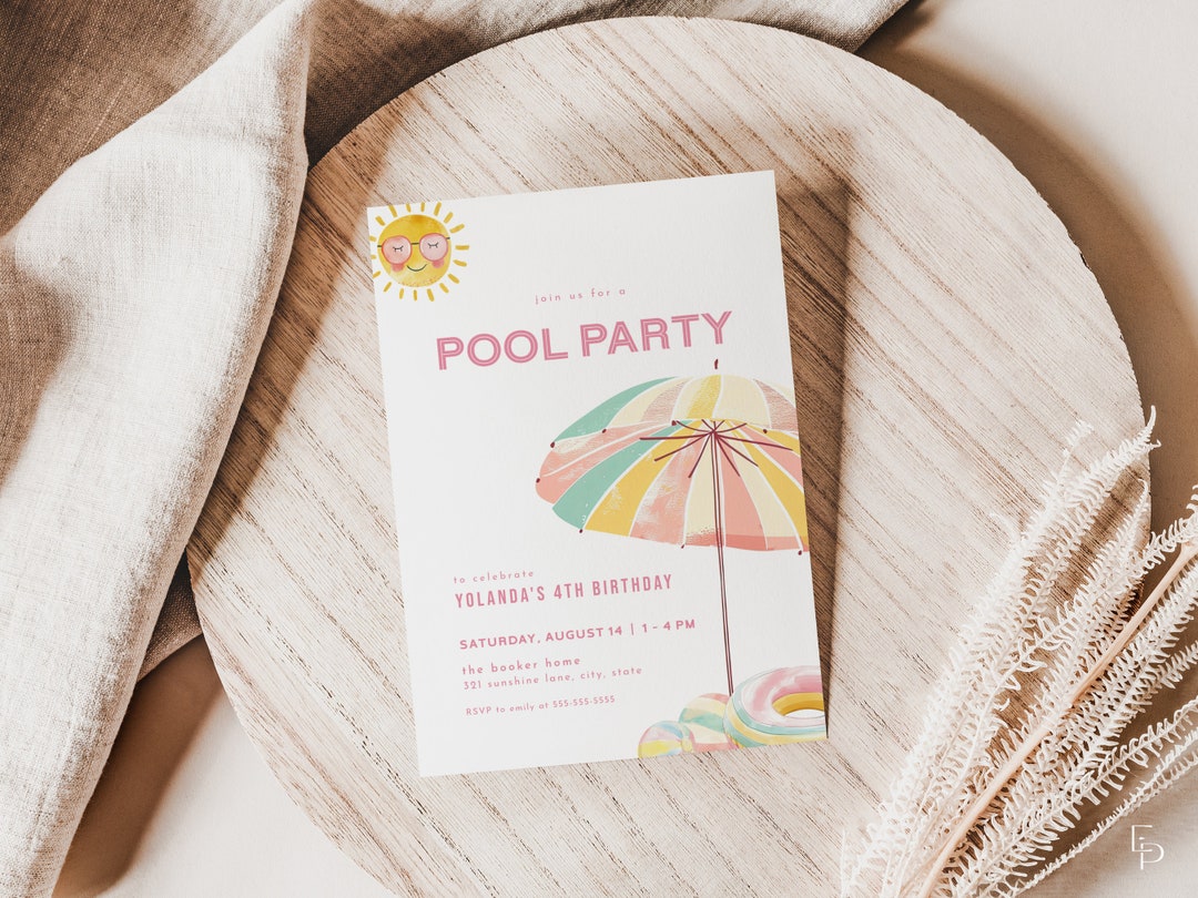 Pastel Pool Party Birthday Invitation Template for Girl Pink Summer ...