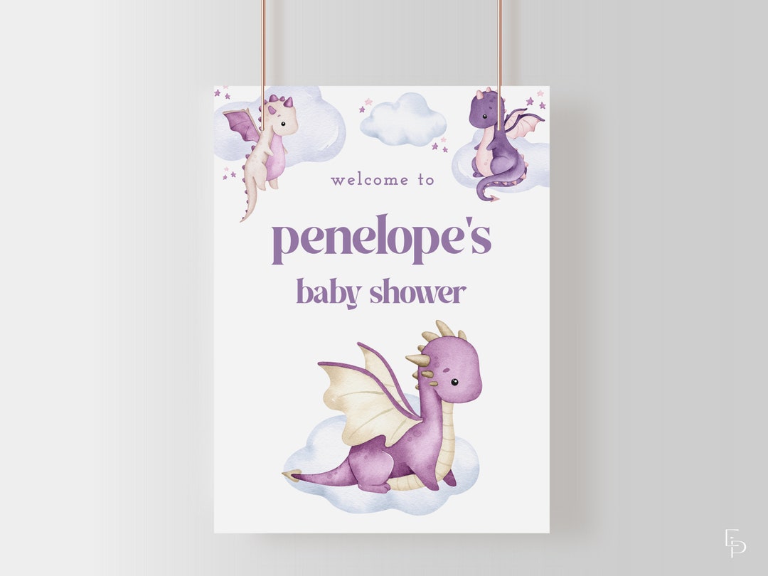 Purple Mythical Dragon Baby Shower Welcome Sign Template for Girl ...