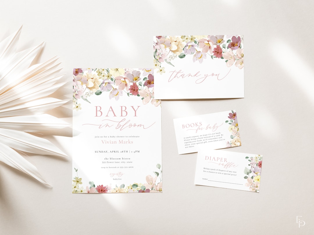 Spring Baby in Bloom Baby Shower Invitation Bundle Template for Girl ...