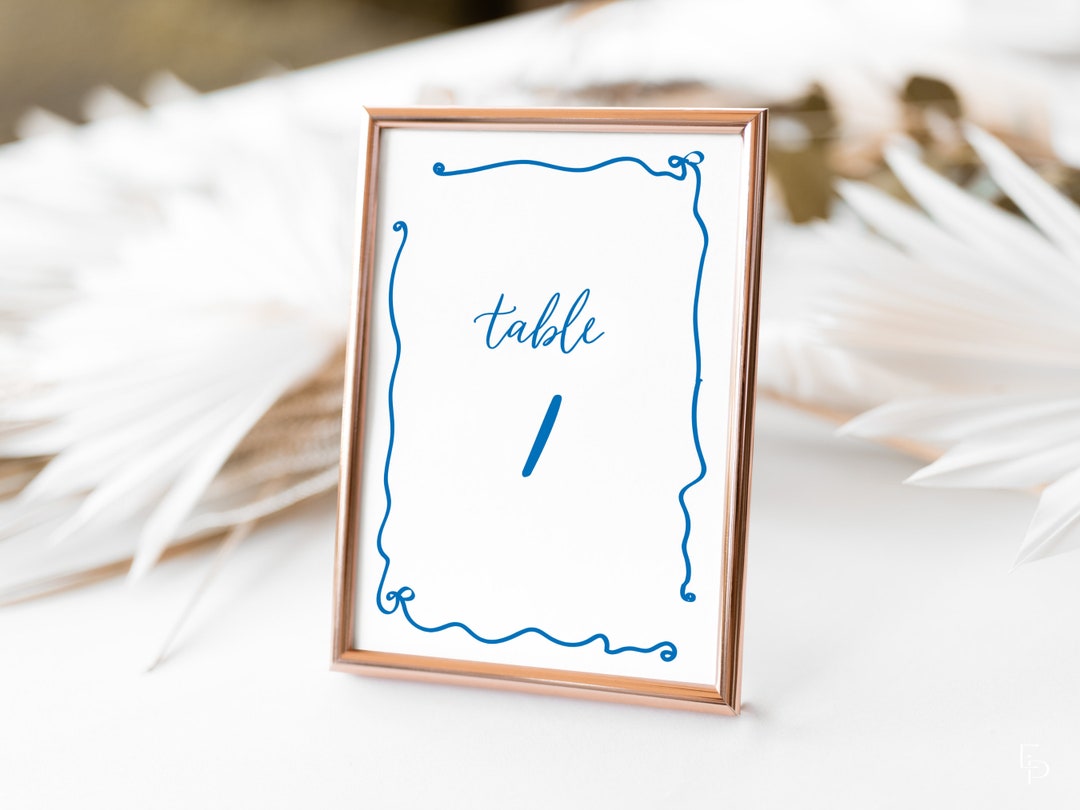 Whimsical Hand Drawn Table Number Template for Blue Illustrated Wedding ...