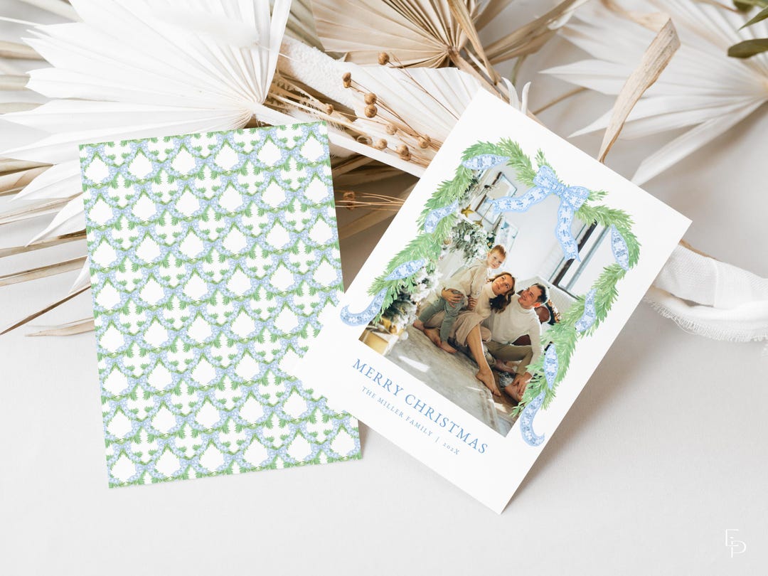 Grandmillenial Blue Christmas Card Template Editable Preppy Chinoiserie ...