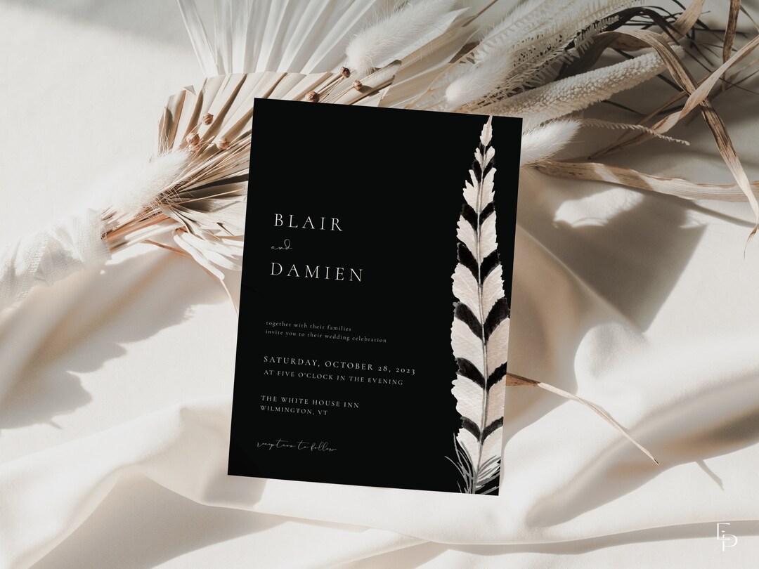 Black Feather Wedding Invitation Template | ZELDA Collection - Etsy