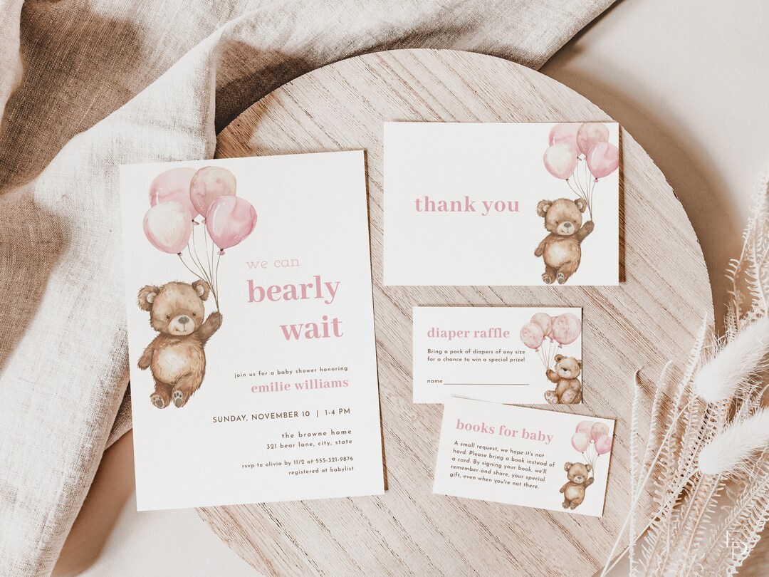 Pink Bearly Wait Baby Shower Invitation Bundle Template for Bear Girl ...