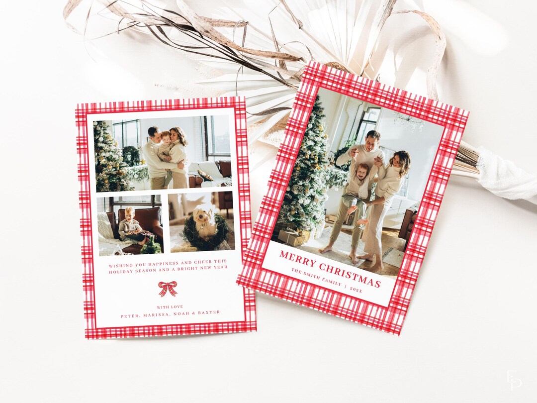 Red Plaid Christmas Card Template for 2-sided Plaid Red Holiday Family ...