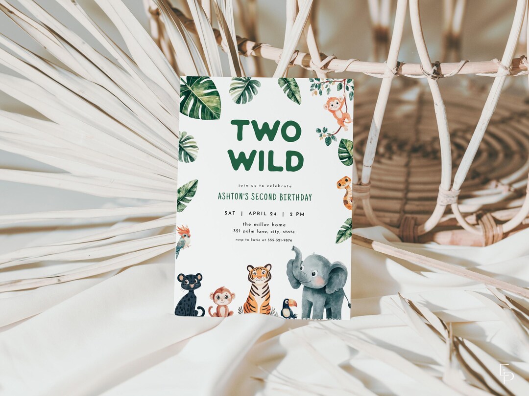 Two Wild Birthday Invitation Template for Jungle Animals 2nd Birthday ...