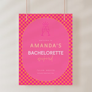 Neon Checkered Pink and Orange Bachelorette Welcome Sign Template ...
