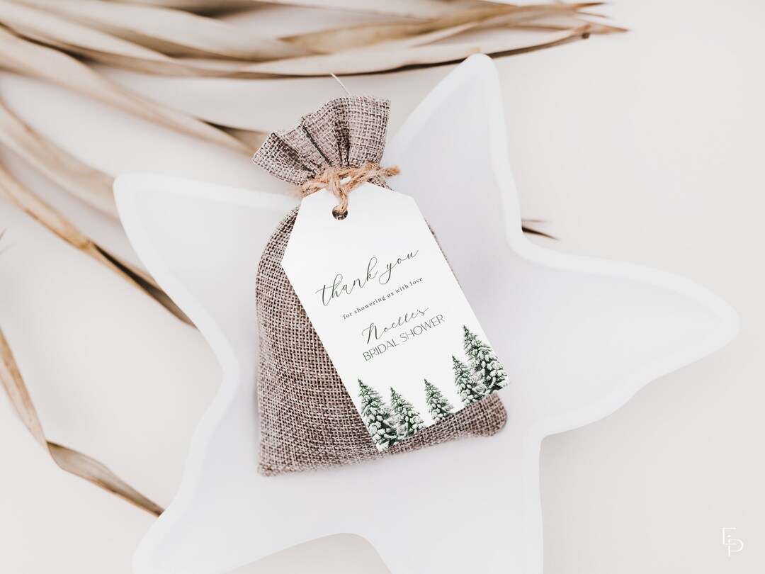 Winter Bridal Shower Favor Tag Template for Snowy Pine Tree Winter ...