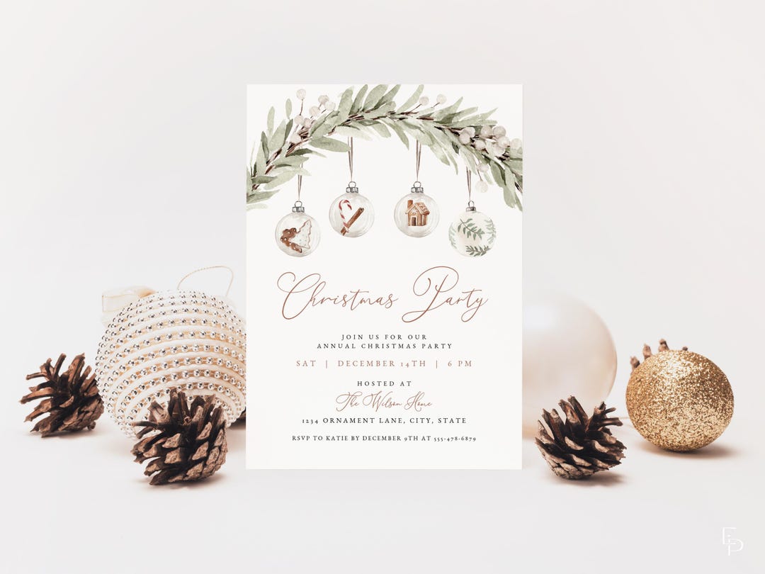 Christmas Ornament Party Invitation Template for Neutral Boho Garland ...