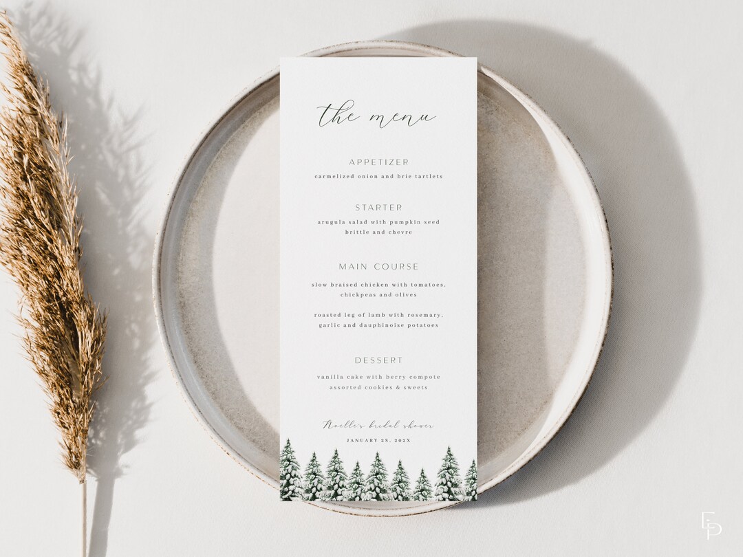 Winter Bridal Shower Menu Template for Snowy Pine Tree Winter ...