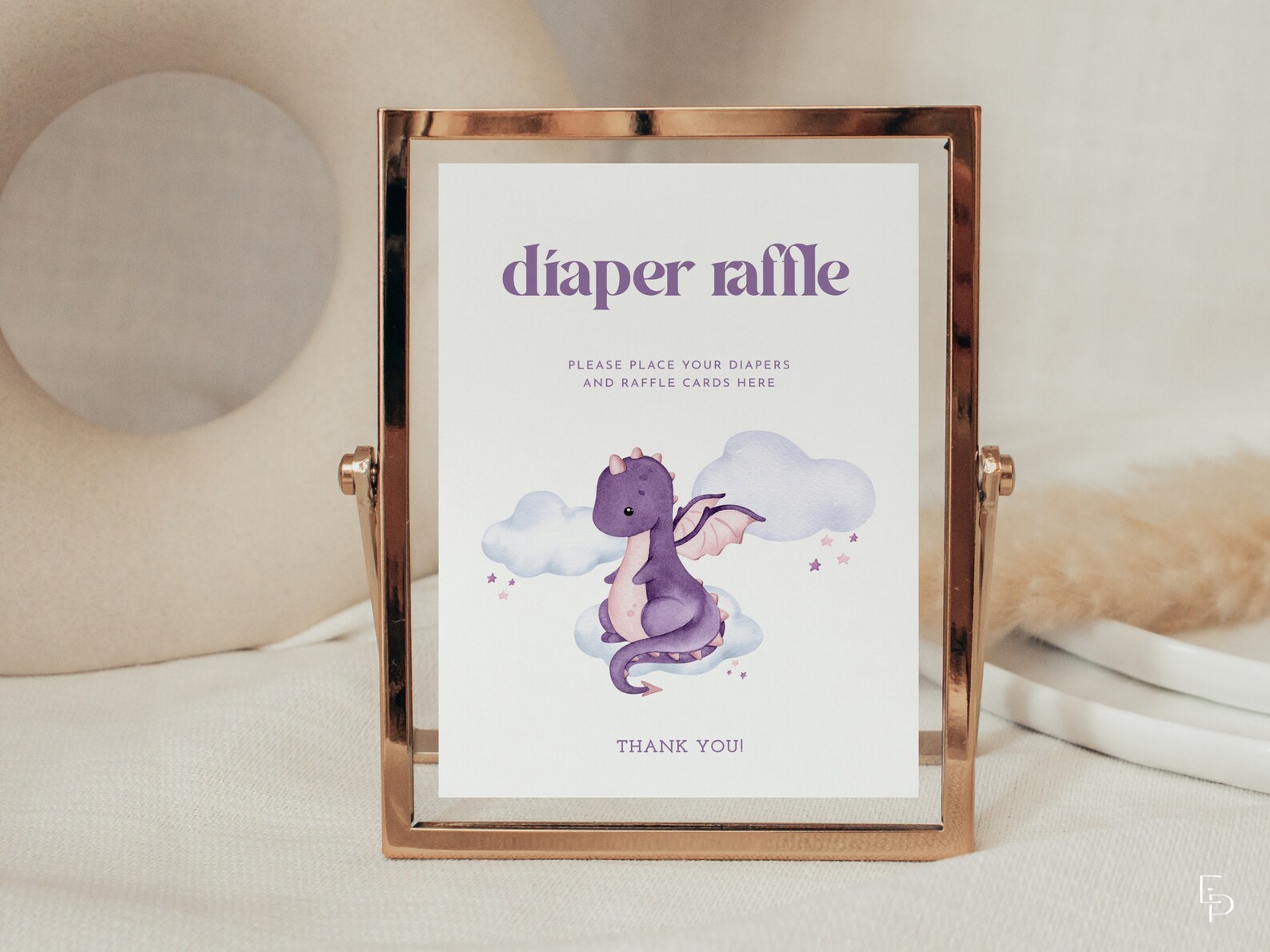Purple Mythical Dragon Diaper Raffle Baby Shower Sign Template for Girl ...