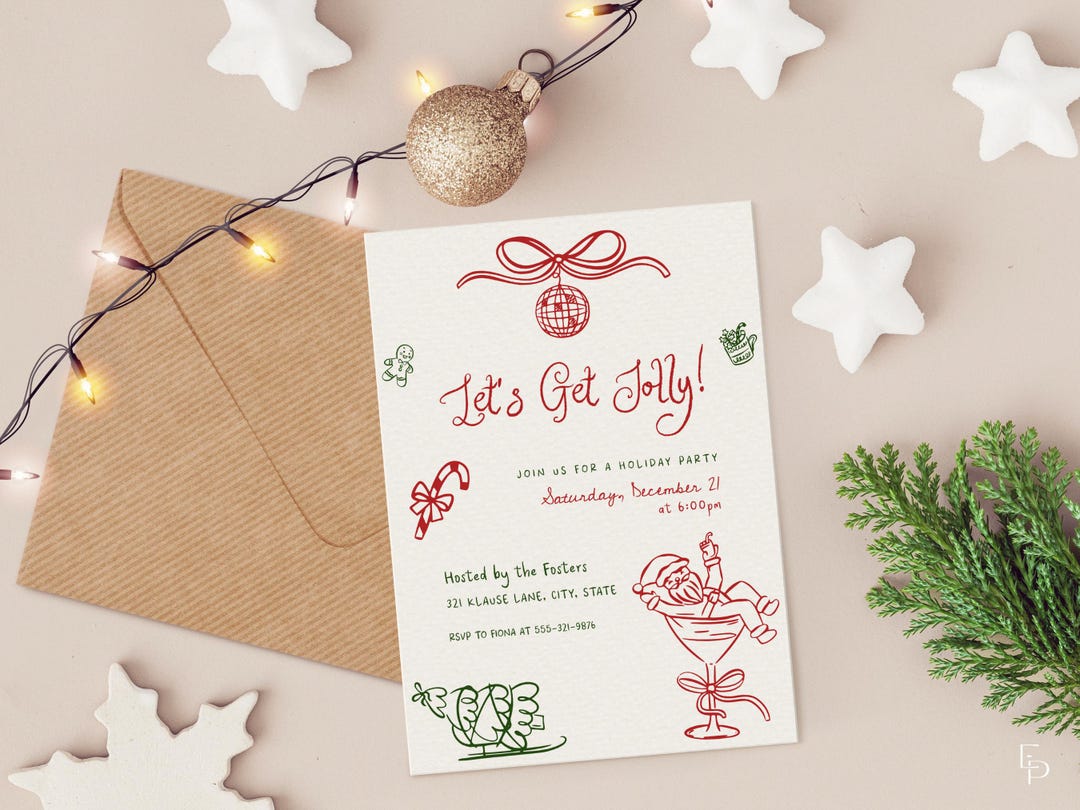 Whimsical Christmas Party Invitation Template Red Green Hand Drawn Let ...