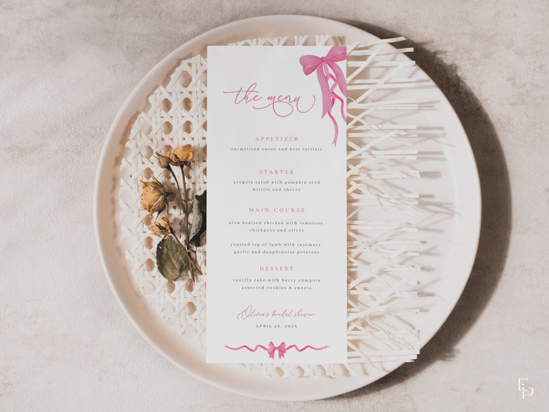 Pink Bow Bridal Shower Menu Template for Girly Bridal Shower 4x9 Menu ...