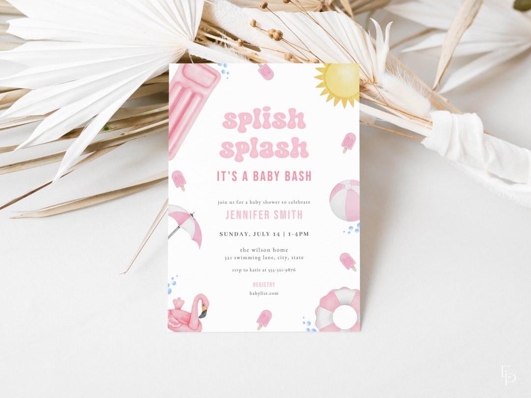 Pink Splish Splash Baby Shower Invitation Template for Summer Girl Pool ...