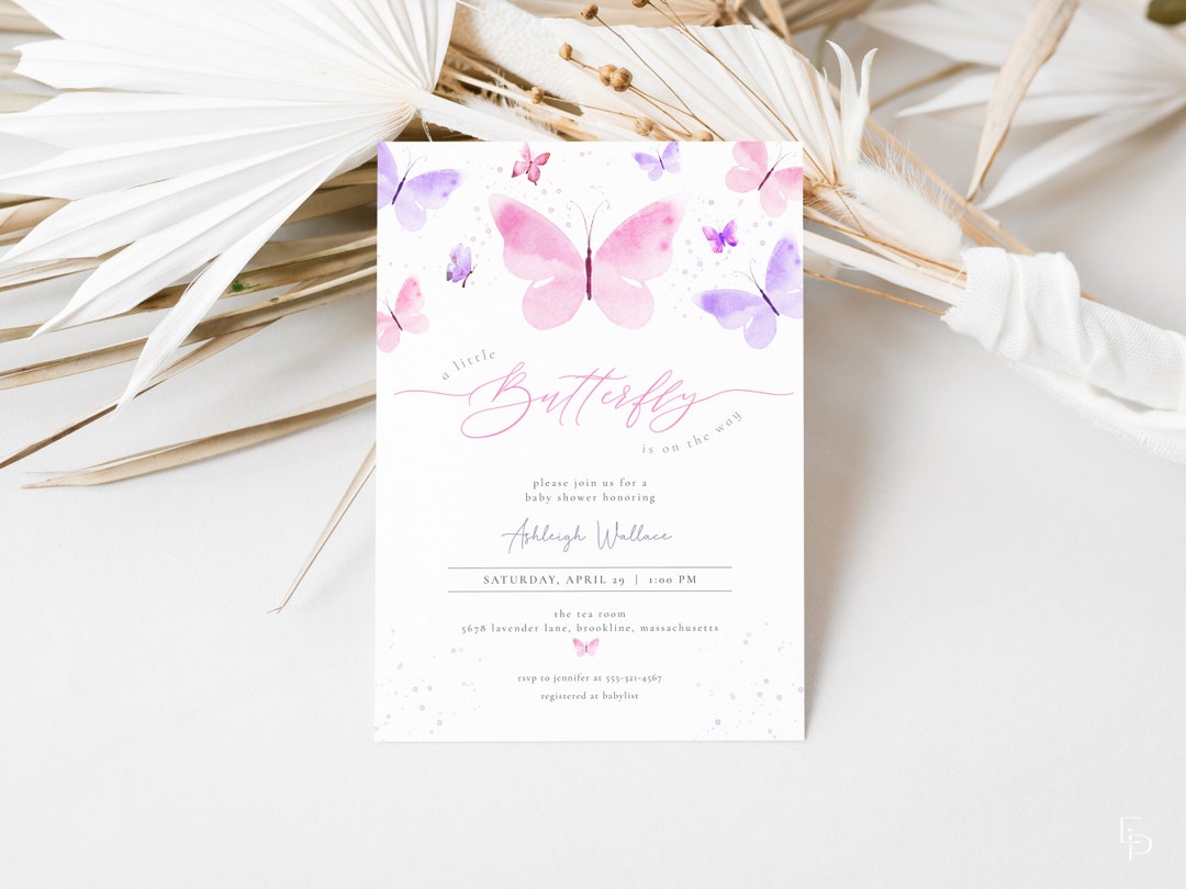Girl Butterfly Baby Shower Invitation Template for Pink & Purple ...