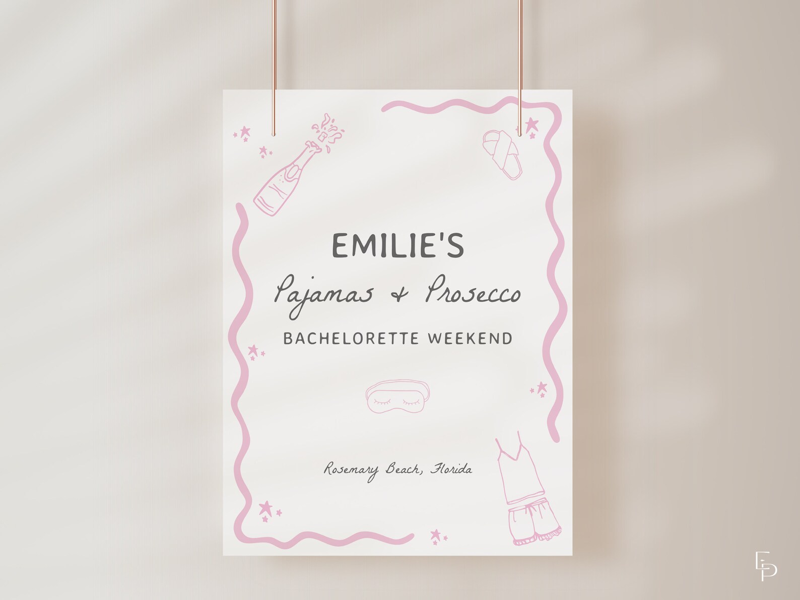 Hand Drawn Pjs and Prosecco Bachelorette Welcome Sign Template for Pink ...