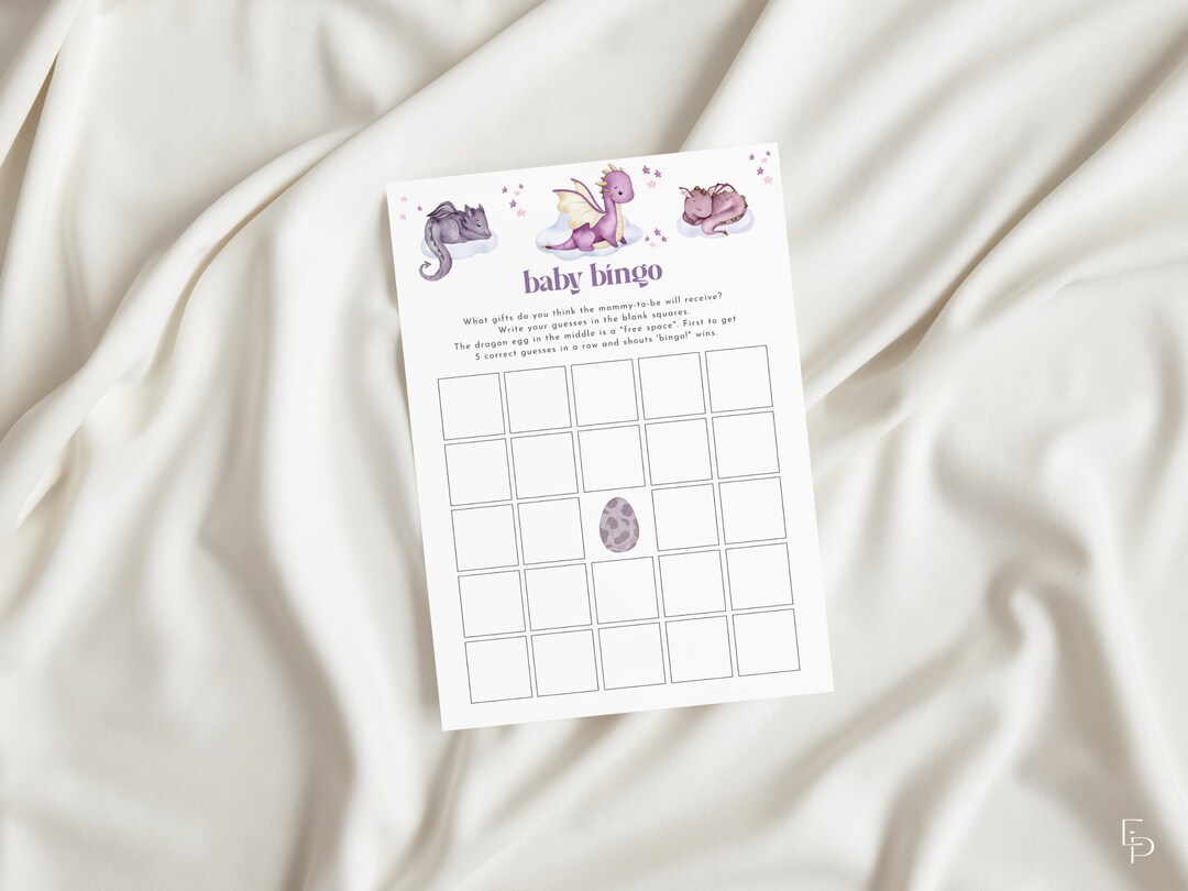 Purple Mythical Dragon Baby Bingo Baby Shower Game Template for Girl ...