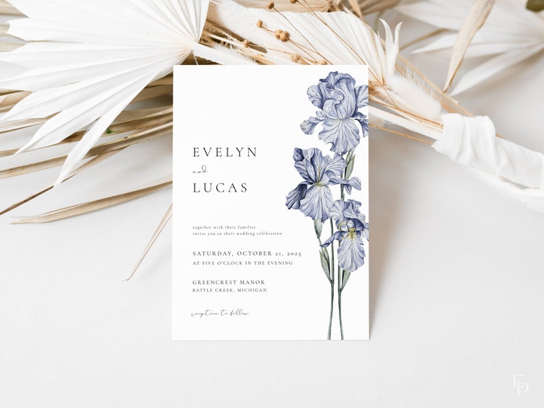 Purple Flower Iris Wedding Invitation Template With Photo - Etsy