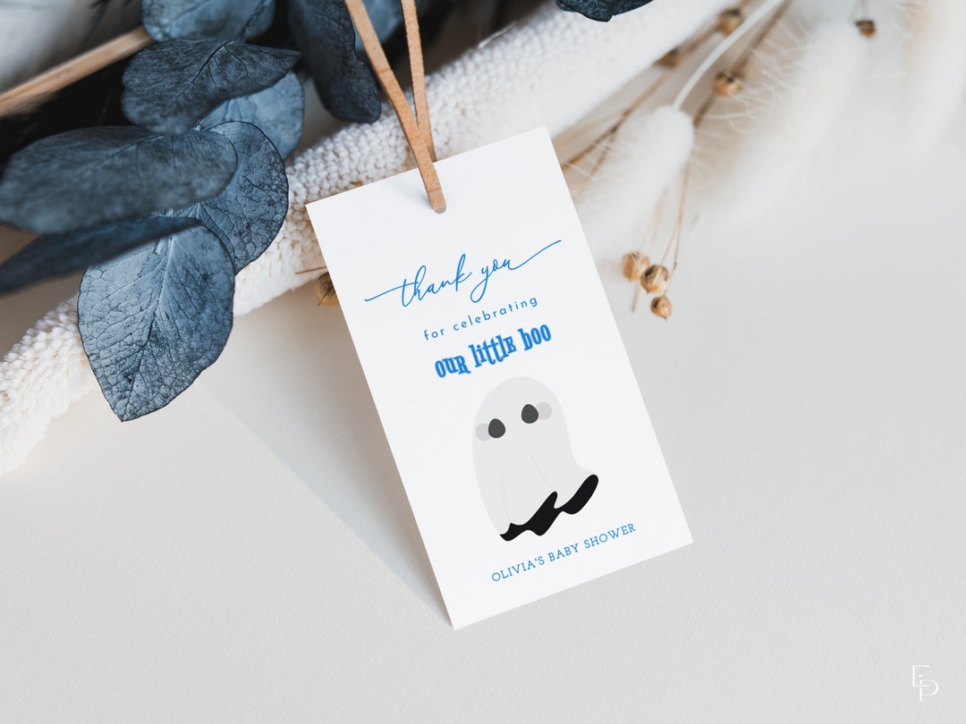 Blue Halloween Little Boo Ghost Baby Shower Favor Tag Template | MASINA ...