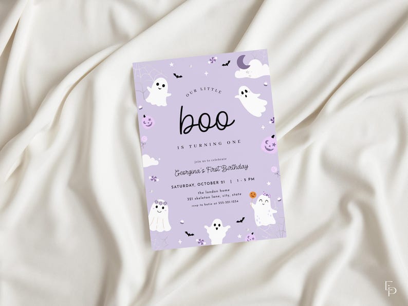 Purple Little Boo is Turning One First Birthday Party Invitation ...