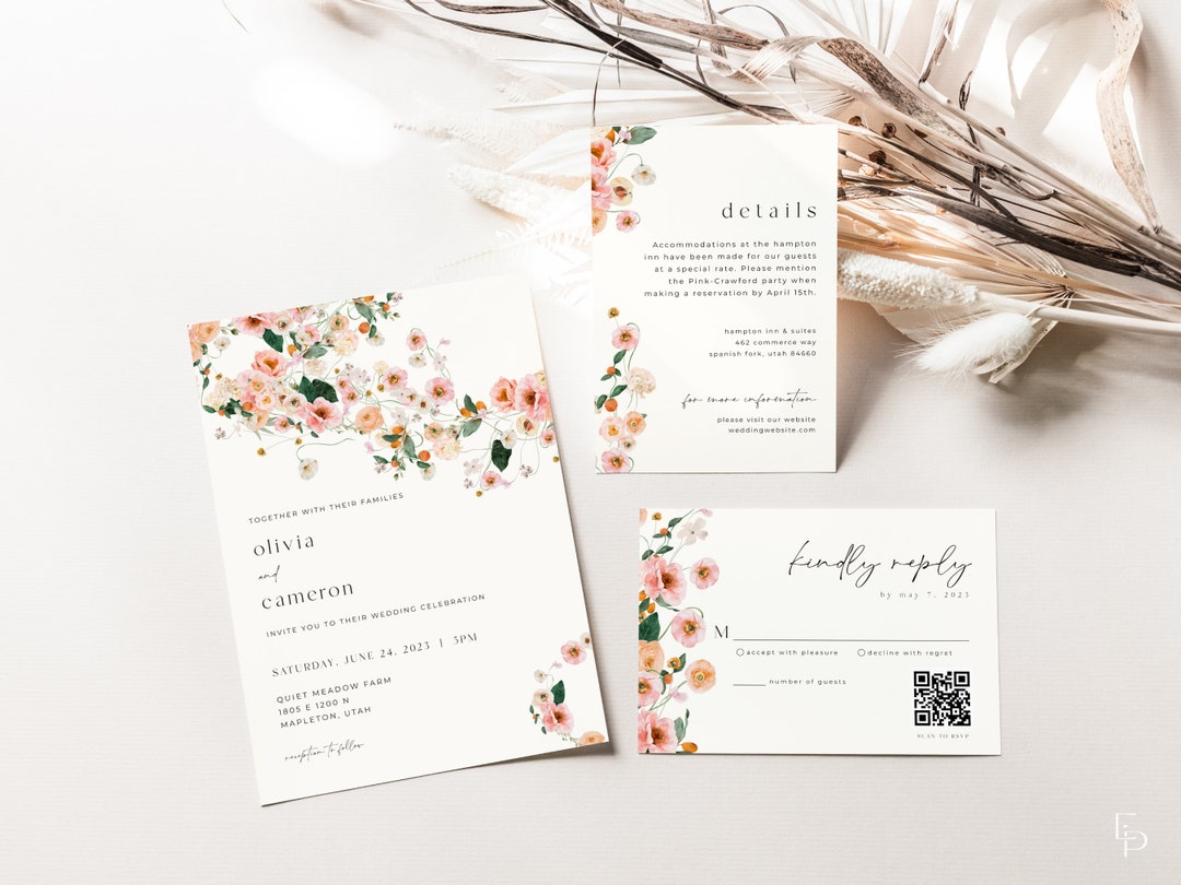 Pink and Peach Summer Floral Wedding Invitation Suite Template With ...