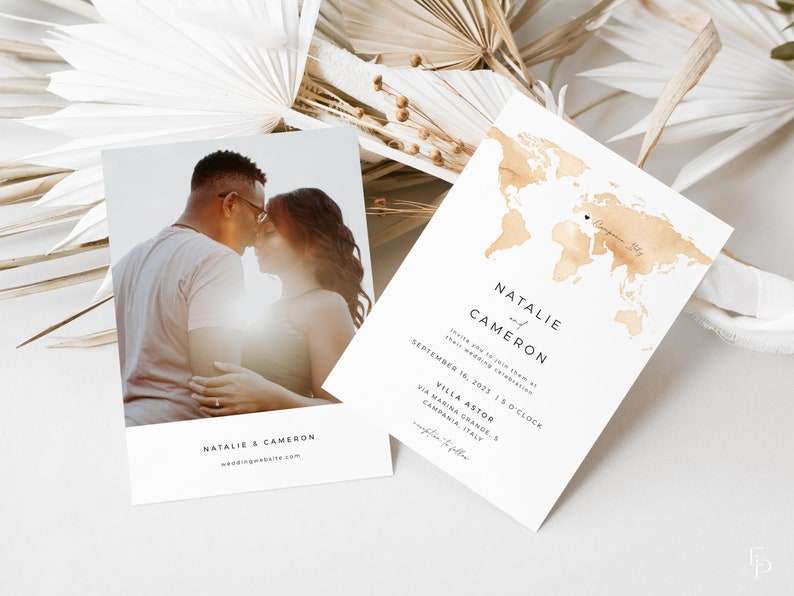 World Map Destination Wedding Invitation Template With Photo - Etsy