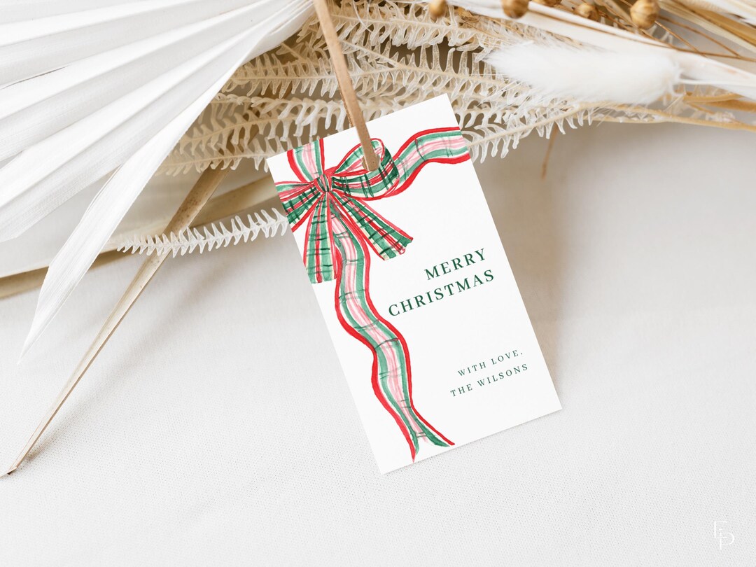 Christmas Plaid Bow Christmas Tags Template Editable Green and Red ...