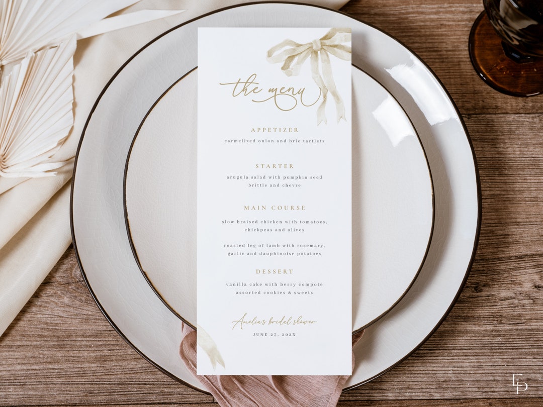 Ivory Bow Bridal Shower Menu Template for White Ribbon Bridal Shower ...